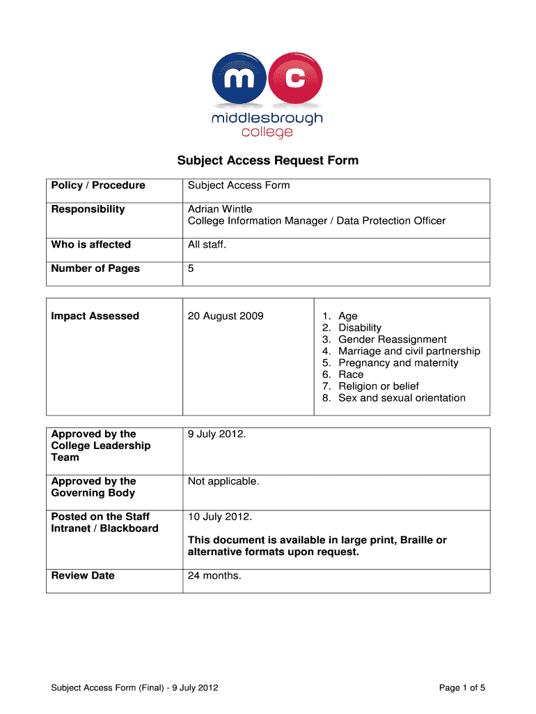 Fillable Online mbro ac Subject Access Request Form - Middlesbrough ...