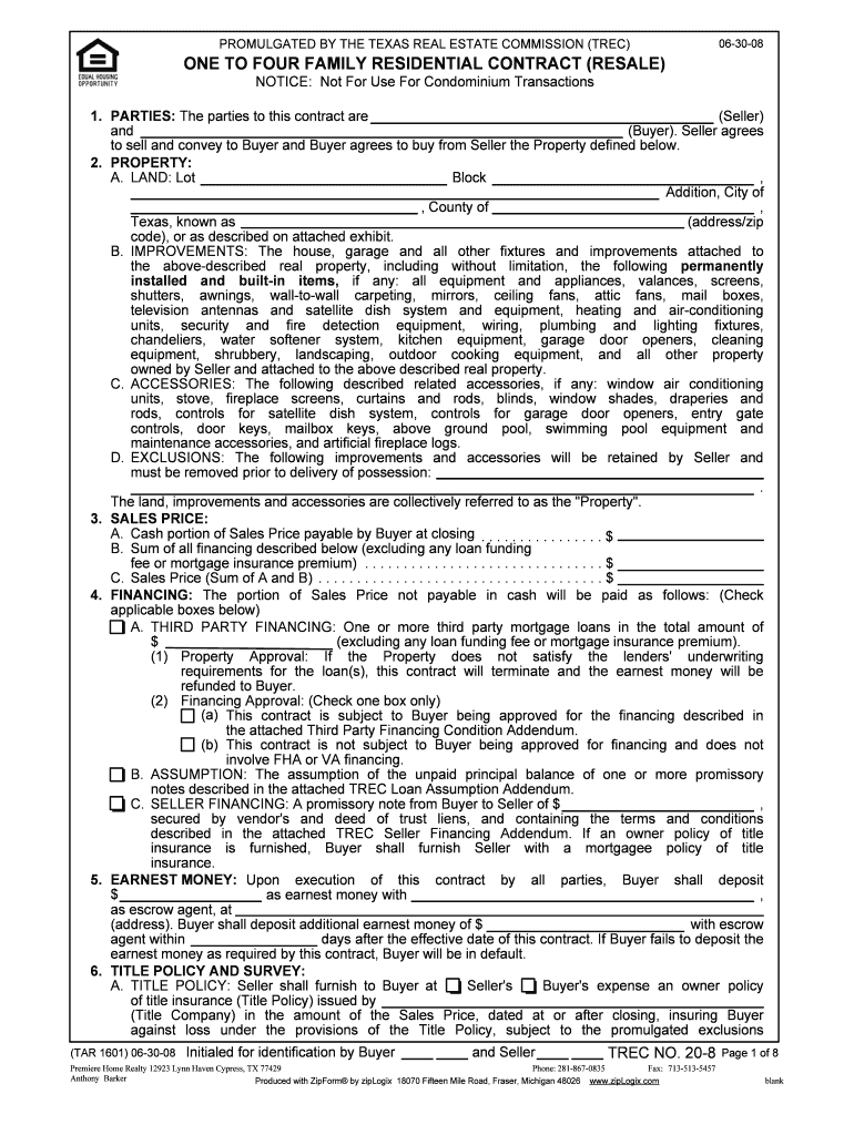 Fillable Online One to four family residential contract (resale ...