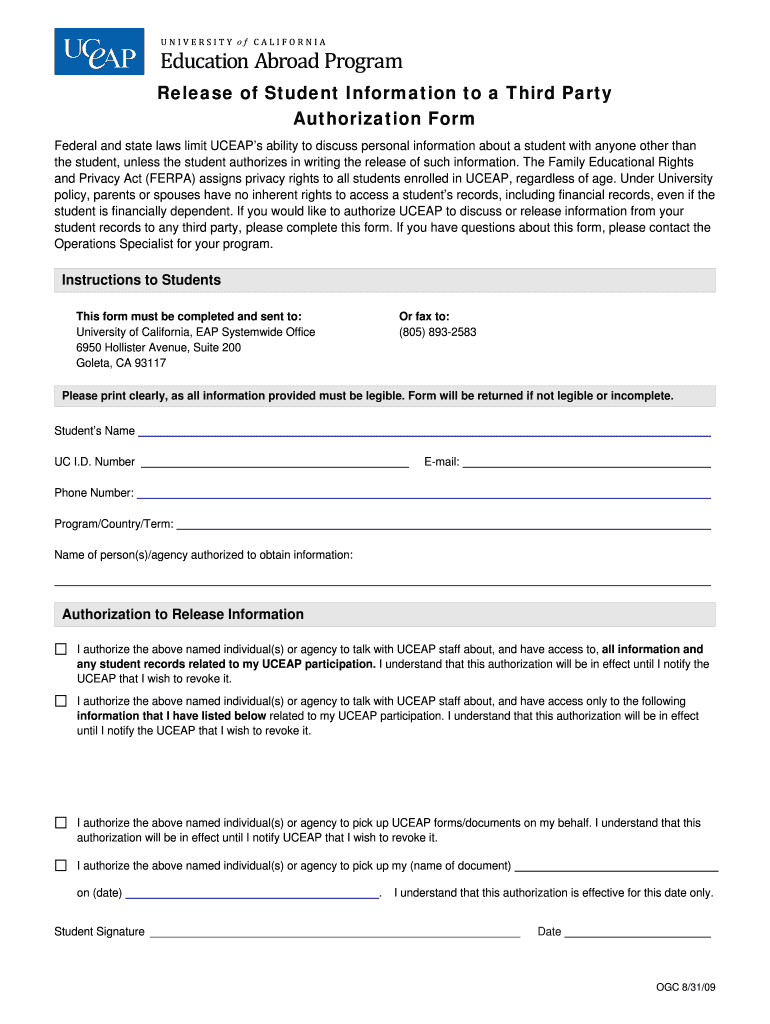 Fillable Online eap ucop Release of Student Information to a Third ...