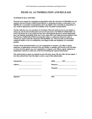 Fillable Online sfusd BMEDICAL AUTHORIZATIONb AND bRELEASEb - SFUSD ...