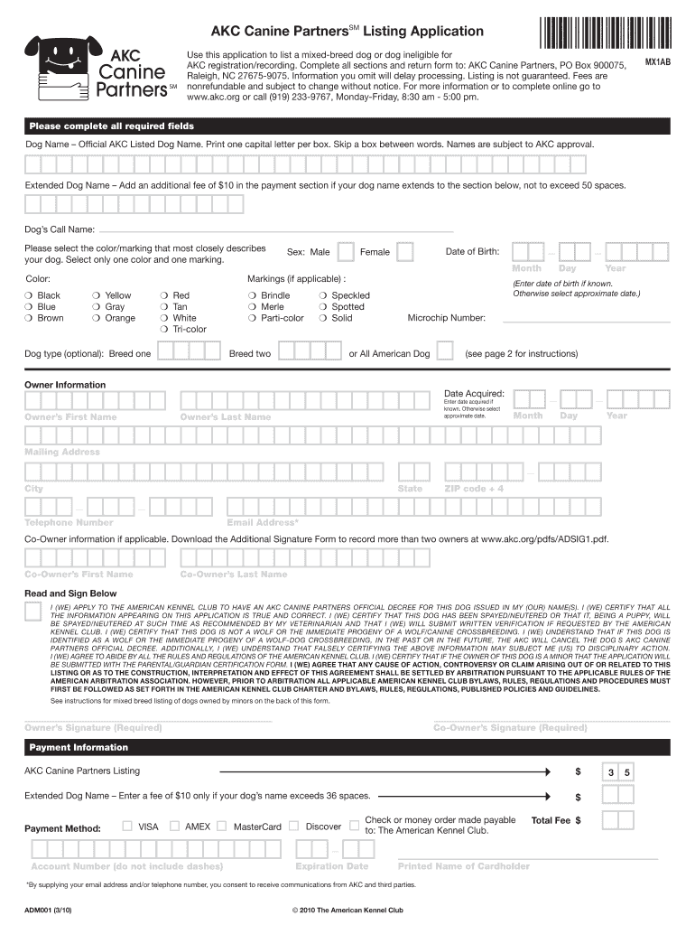 Fillable Online Application to register in the AKC Canine Partner ...