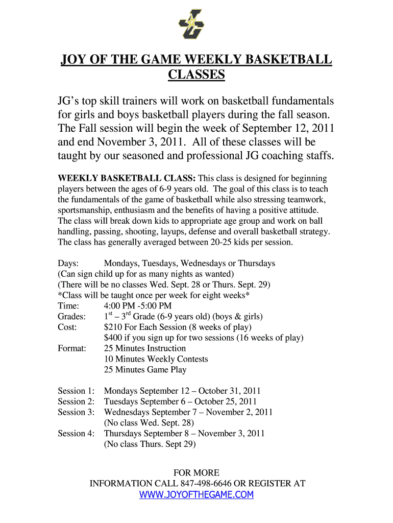 Fillable Online JOY OF THE GAME WEEKLY BASKETBALL CLASSES Fax Email ...