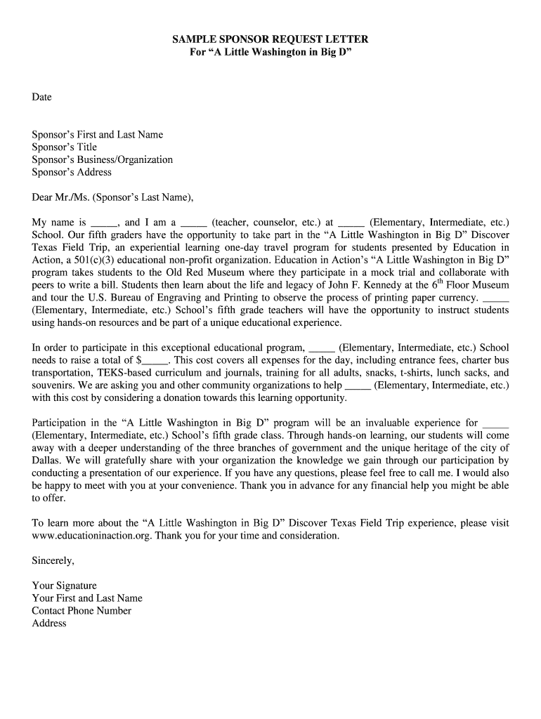 Fillable Online SAMPLE SPONSOR REQUEST LETTER Fax Email Print - pdfFiller