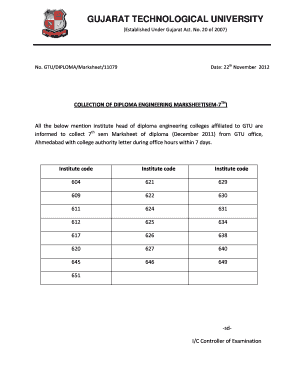 Fillable Online GTU/DIPLOMA/Marksheet/11079Date:22thNovember2012 Fax ...