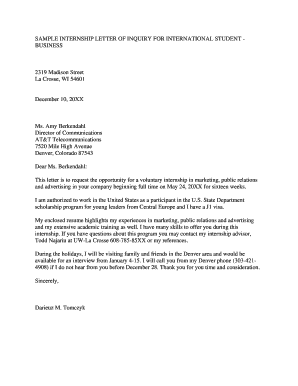 Fillable Online SAMPLE INTERNSHIP LETTER OF INQUIRY FOR INTERNATIONAL ...
