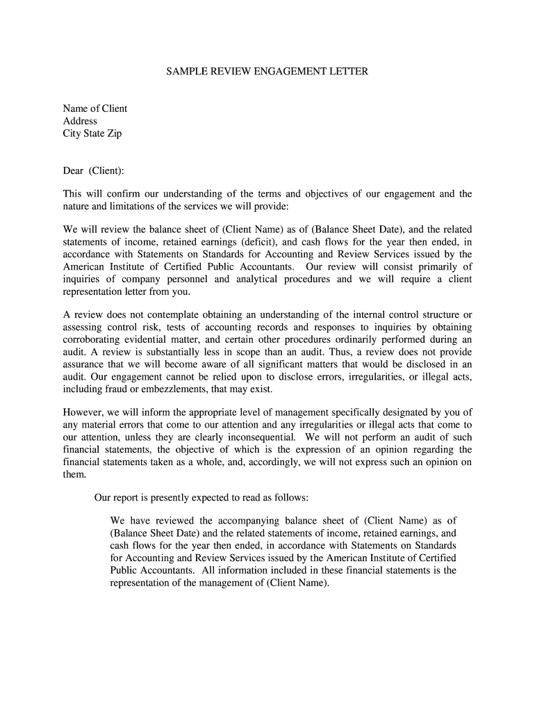Fillable Online SAMPLE REVIEW ENGAGEMENT LETTER Fax Email Print - pdfFiller
