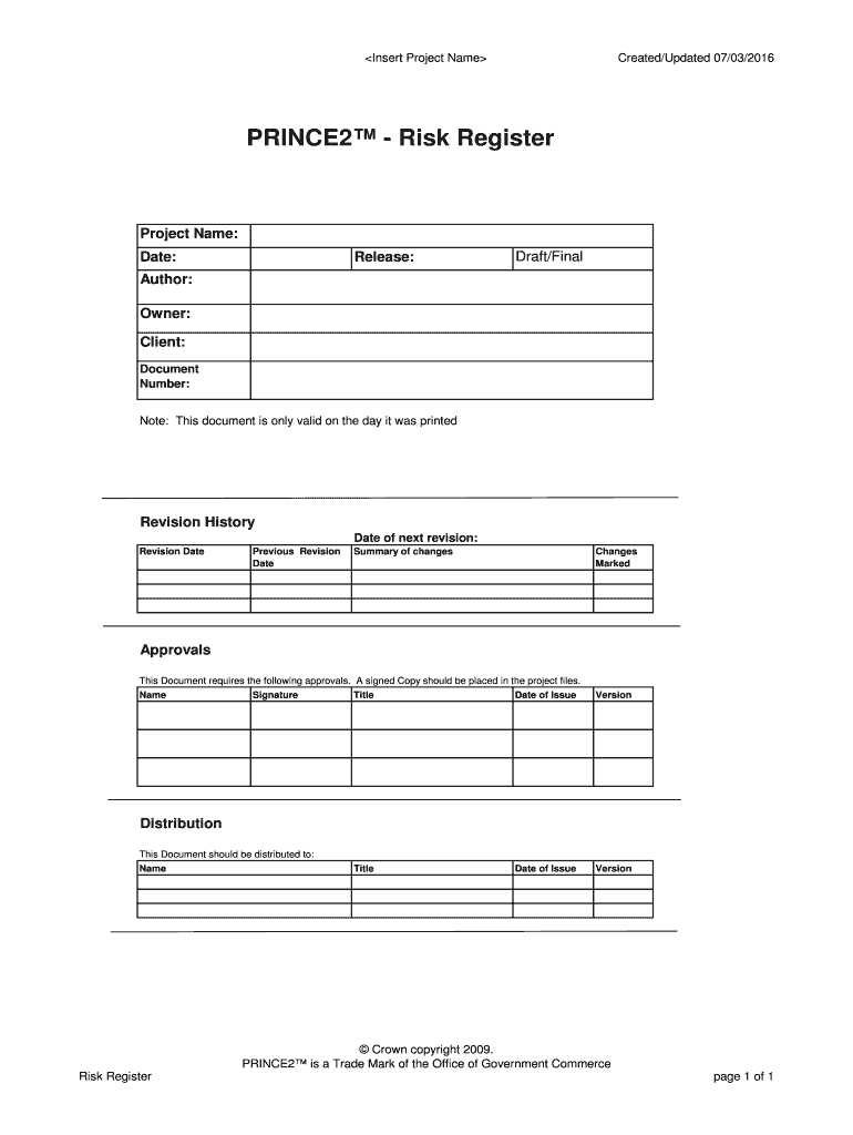 Fillable Online PRINCE2 - Risk Register Fax Email Print - pdfFiller