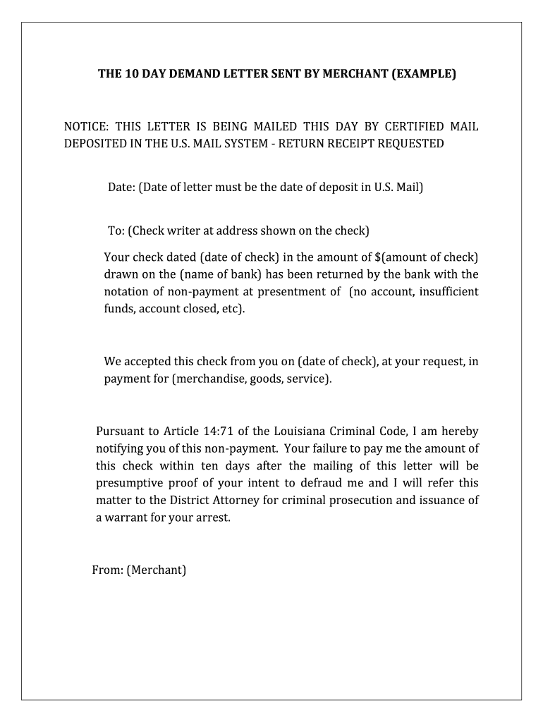Fillable Online THE 10 DAY DEMAND LETTER SENT BY MERCHANT (EXAMPLE) Fax ...