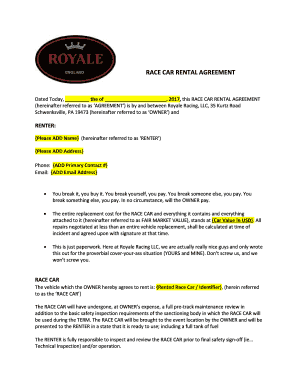 Fillable Online RACE CAR RENTAL AGREEMENT Fax Email Print - pdfFiller