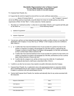 Fillable Online Shareholder Representation Letter to Remove Legend Fax ...