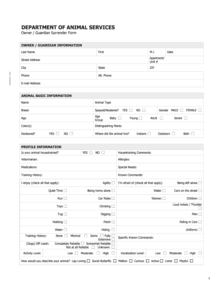 Fillable Online Owner / Guardian Surrender Form Fax Email Print - pdfFiller