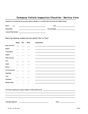Fillable Online Company Vehicle Inspection Checklist - Service Vans Fax ...