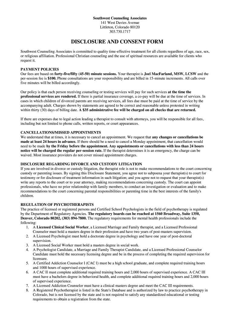 Fillable Online DISCLOSURE AND CONSENT FORM Fax Email Print - pdfFiller