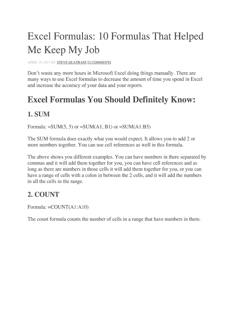 Fillable Online Excel Formulas: 10 Formulas That Helped Fax Email Print ...