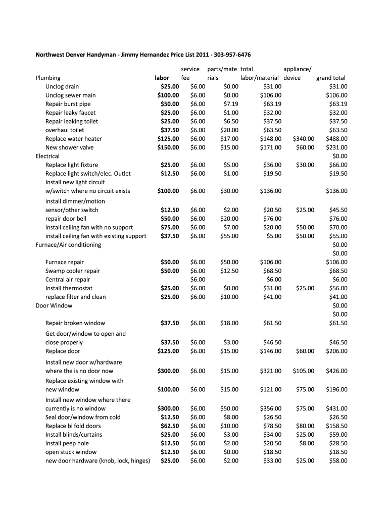 Handyman Price List Download Fill Online Printable Fillable Blank 