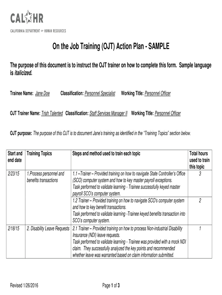 Fillable Online On the Job Training (OJT) Action Plan - SAMPLE Fax ...