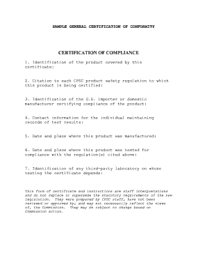 Fillable Online SAMPLE GENERAL CERTIFICATION OF CONFORMITY Fax Email ...