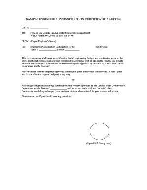 Fillable Online SAMPLE ENGINEERING/CONSTRUCTION CERTIFICATION LETTER ...