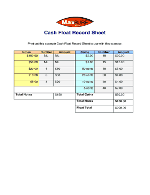 Fillable Online Cash Float Record Sheet Fax Email Print - pdfFiller