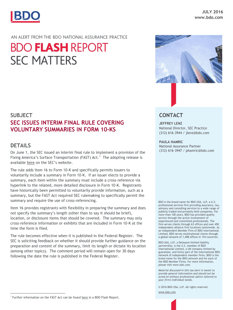 Fillable Online BDO FLASH ALERT SEC MATTERS 1 Fax Email Print - pdfFiller