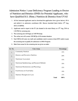 Fillable Online Admission Notice 1-year Deficiency Program Leading to ...