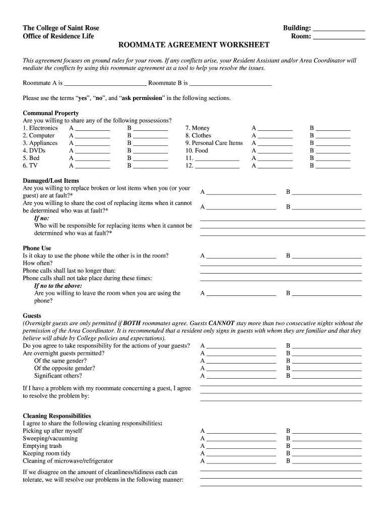 Fillable Online ROOMMATE AGREEMENT WORKSHEET Fax Email Print - pdfFiller