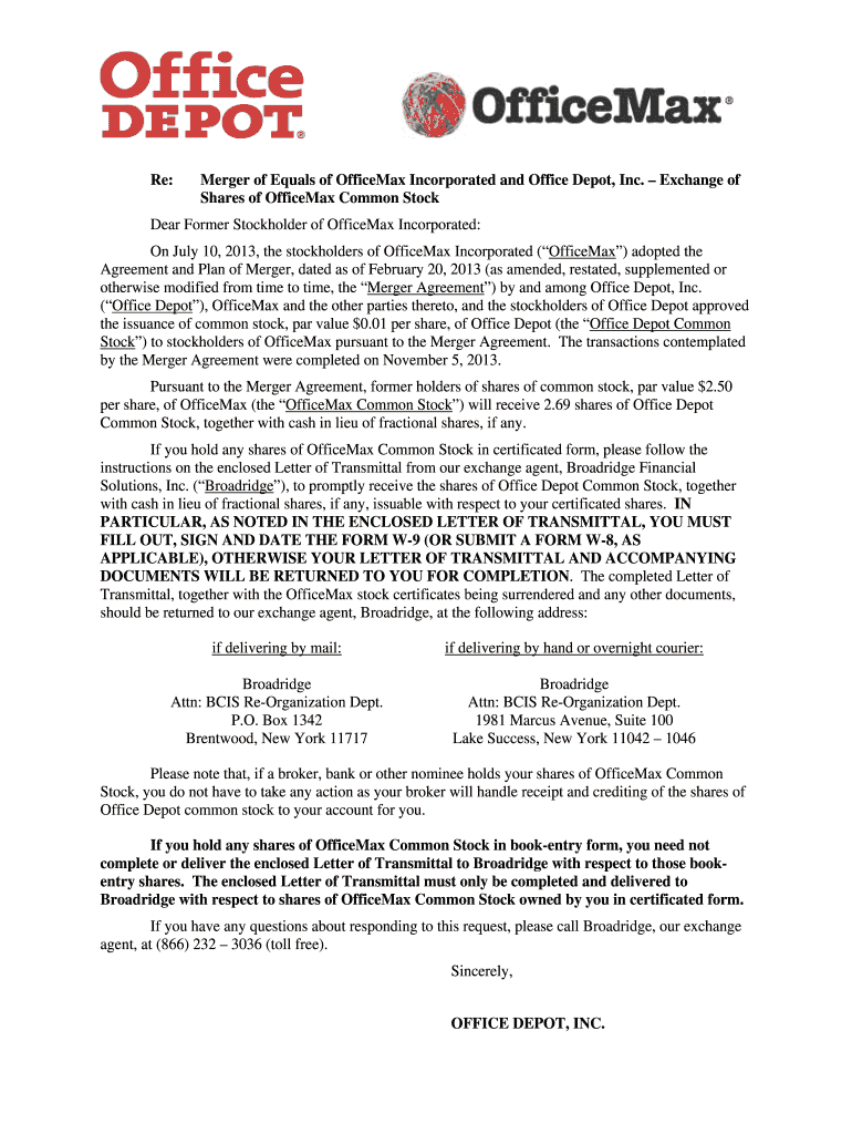 Fillable Online Merger of Equals of OfficeMax Incorporated and Office ...