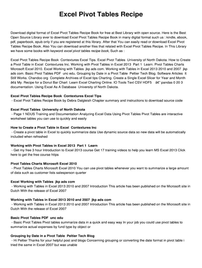 Fillable Online Excel Pivot Tables Recipe Fax Email Print - pdfFiller