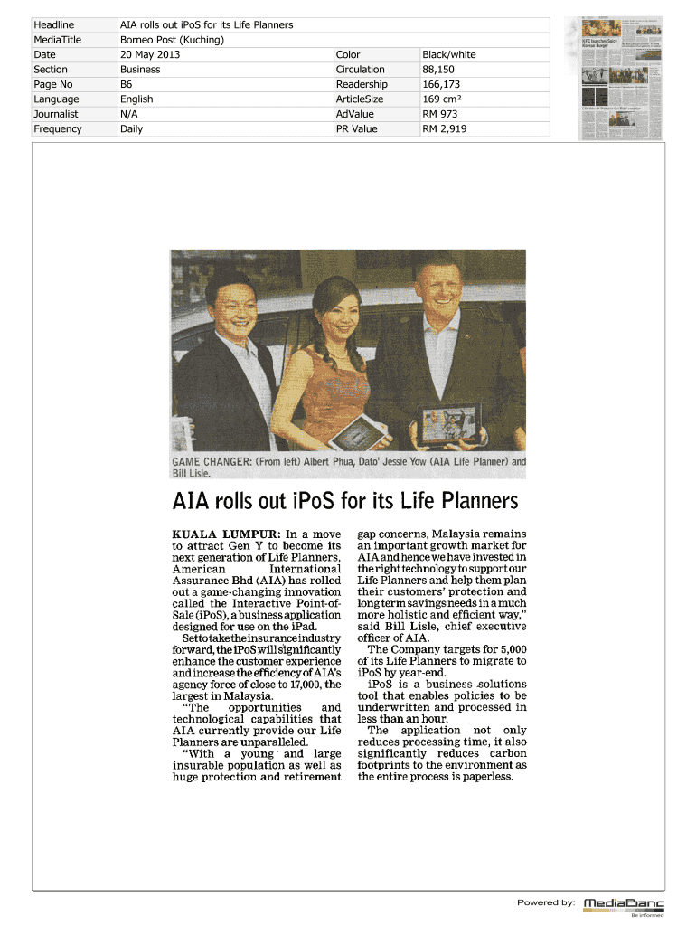 Fillable Online AIA rolls out iPoS for its Life Planners Fax Email ...