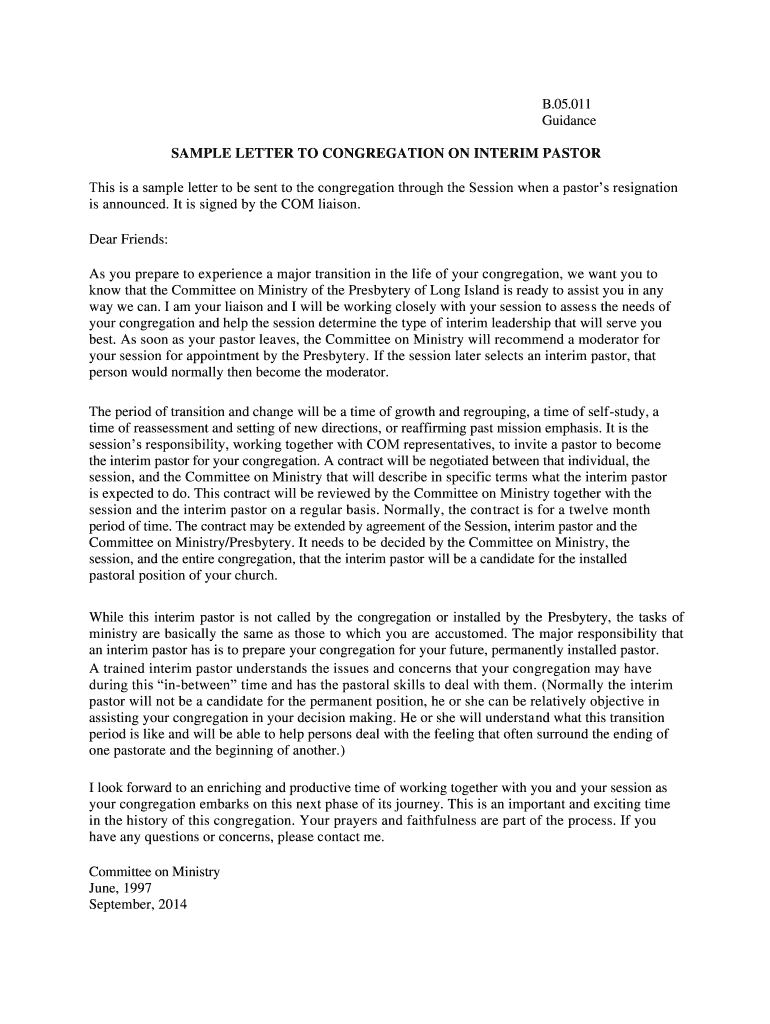 Fillable Online SAMPLE LETTER TO CONGREGATION ON INTERIM PASTOR Fax ...