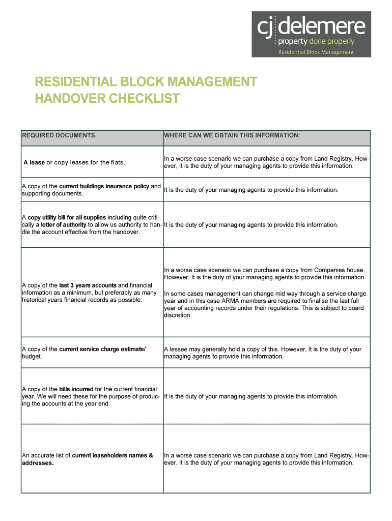 Fillable Online HANDOVER CHECKLIST Fax Email Print - pdfFiller