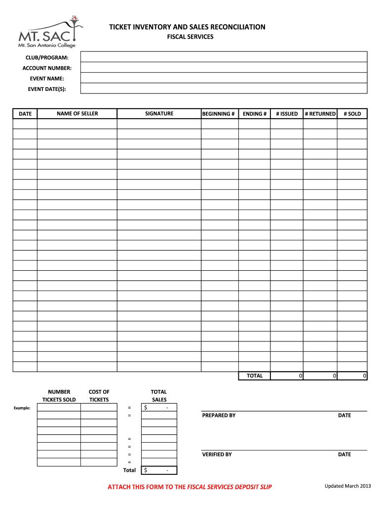 Fillable Online TICKET INVENTORY AND SALES RECONCILIATION Fax Email ...