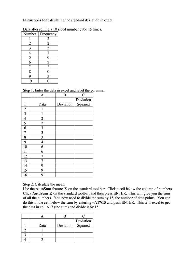 Fillable Online Instructions for calculating the standard deviation in ...
