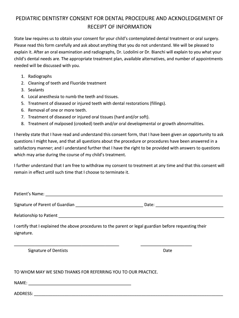 Fillable Online PEDIATRIC DENTISTRY CONSENT FOR DENTAL PROCEDURE AND ...