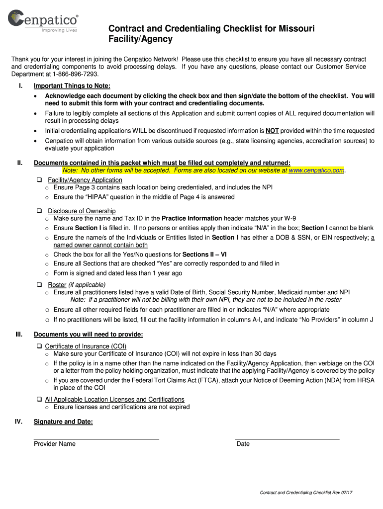 Fillable Online Contract and Credentialing Checklist for Missouri Fax Email Print - pdfFiller