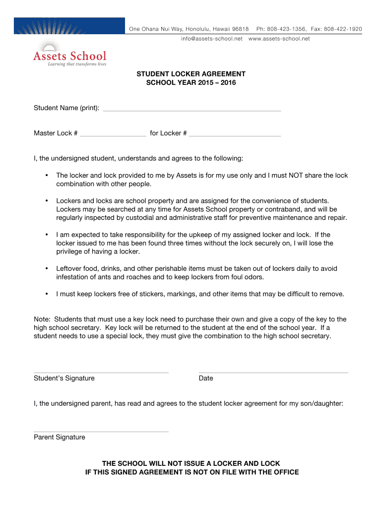 Fillable Online STUDENT LOCKER AGREEMENT Fax Email Print - pdfFiller