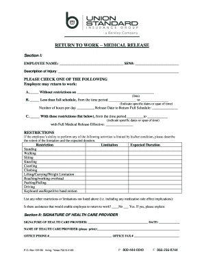 Fillable Online RETURN TO WORK MEDICAL RELEASE Fax Email Print - pdfFiller