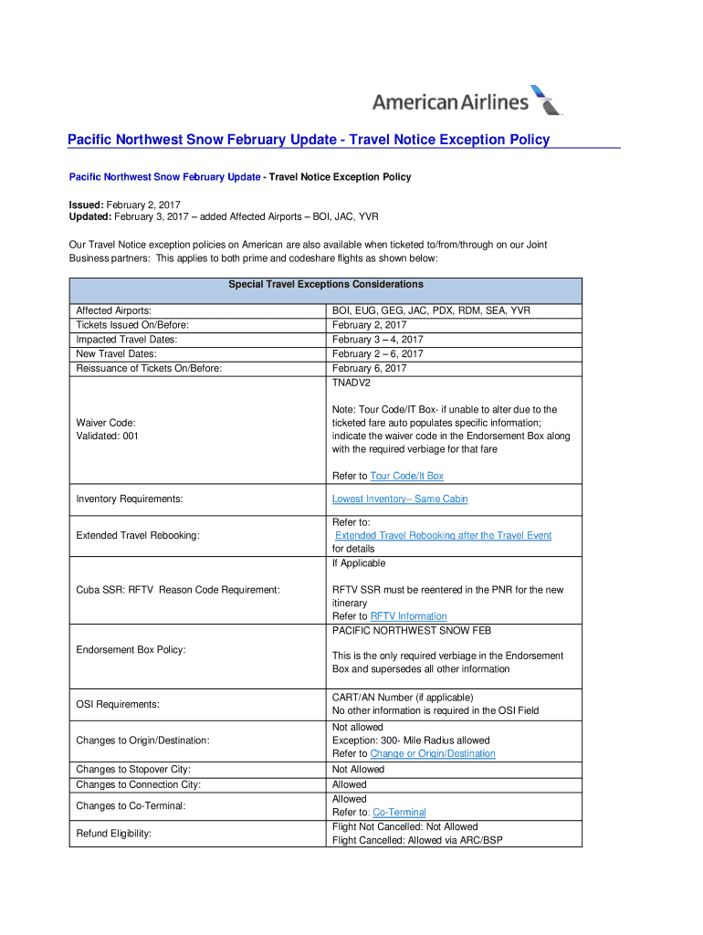 Fillable Online Pacific Northwest Snow February Update - Travel Notice Exception Policy Fax ...