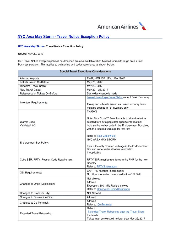 Fillable Online NYC Area May Storm - Travel Notice Exception Policy Fax Email Print - pdfFiller