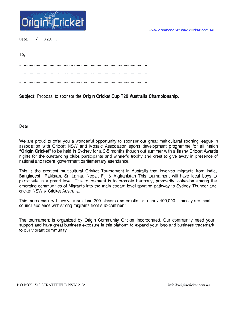 Fillable Online Subject: Proposal to sponsor the Origin Cricket Cup T20 Australia Championship ...
