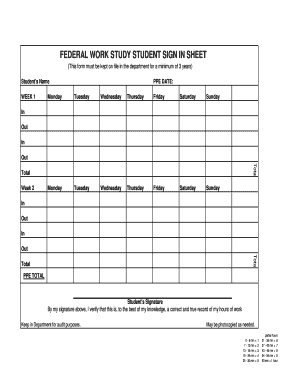 Fillable Online FEDERAL WORK STUDY STUDENT SIGN IN SHEET Fax Email ...
