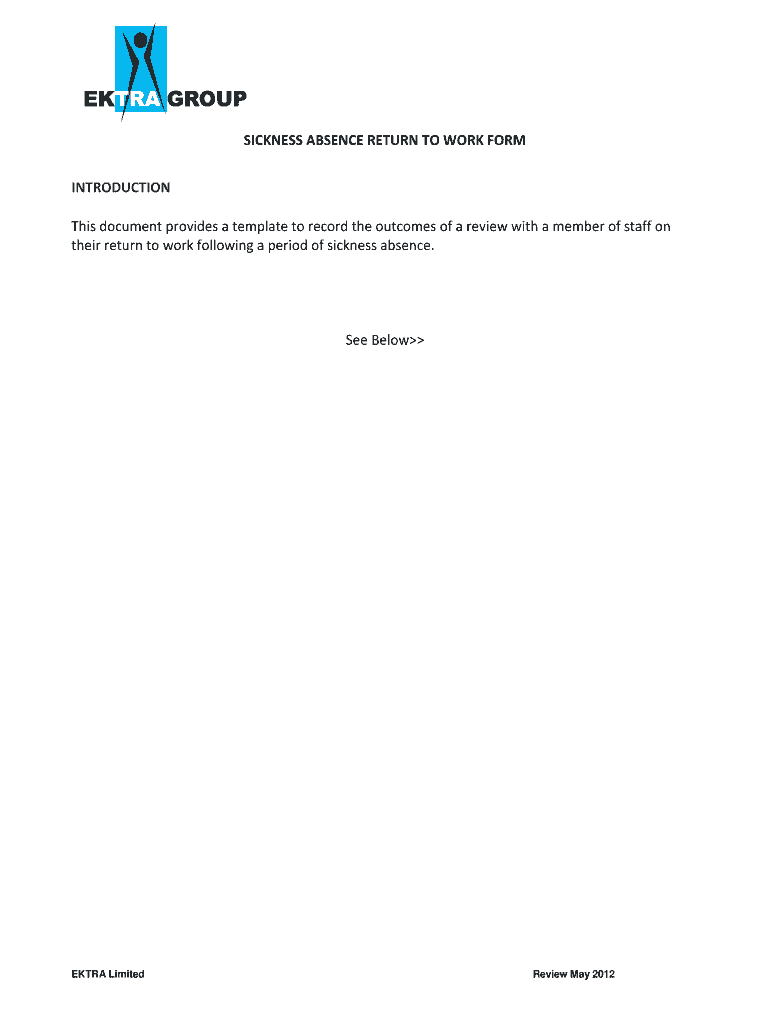 Fillable Online SICKNESS ABSENCE RETURN TO WORK FORM Fax Email Print ...