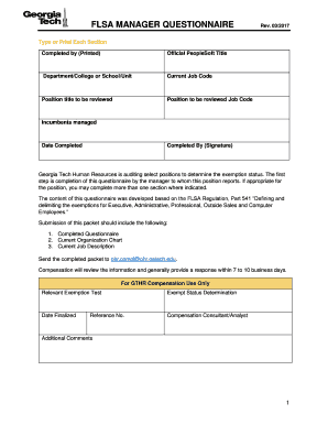 Fillable Online FLSA MANAGER QUESTIONNAIRE Fax Email Print - pdfFiller