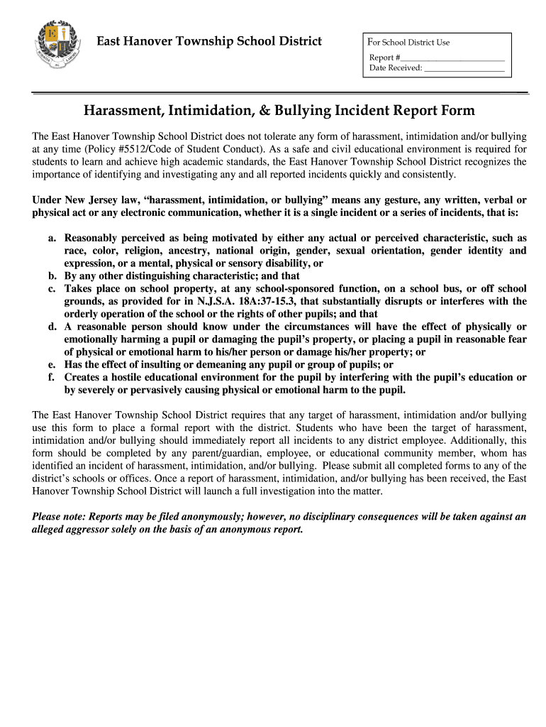 Fillable Online Harassment, Intimidation, & Bullying Incident Report ...
