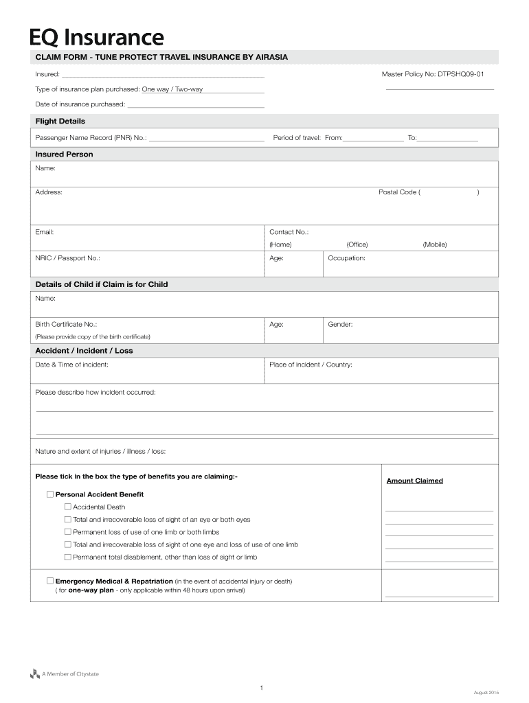 Fillable Online CLAIM FORM - TUNE PROTECT TRAVEL INSURANCE BY AIRASIA ...