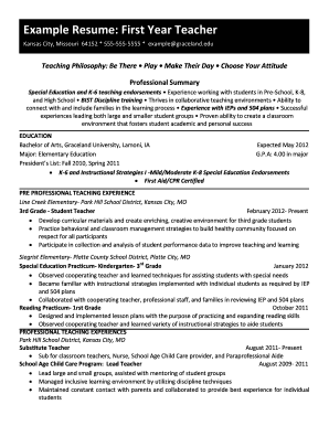 Fillable Online Example Resume: First Year Teacher Fax Email Print ...