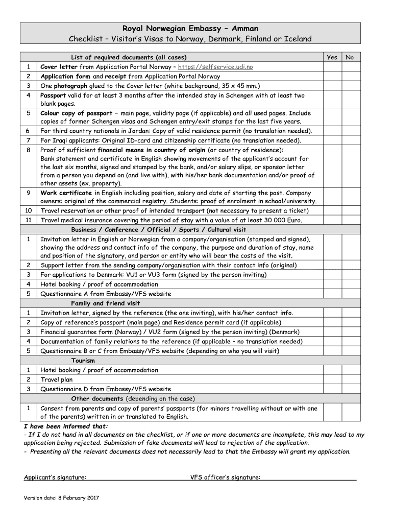 Fillable Online Checklist Visitors Visas to Norway, Denmark, Finland or ...