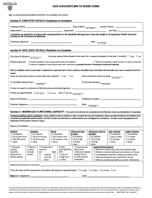 Fillable Online SICK LEAVE/RETURN TO WORK FORM Fax Email Print - pdfFiller