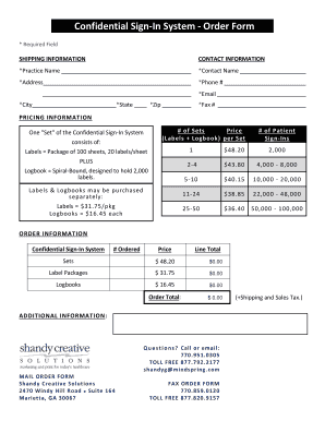 Fillable Online Confidential Sign-In System - Order Form Fax Email ...