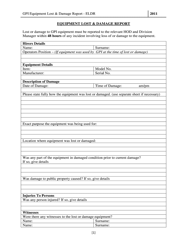 Fillable Online GPI Equipment Lost & Damage Report - ELDR Fax Email Print - pdfFiller